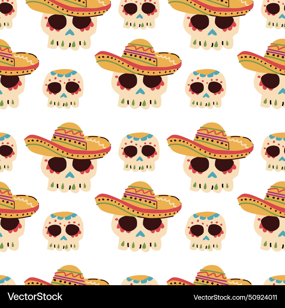 Hand drawn mexican skull in hat seamless pattern Vector Image