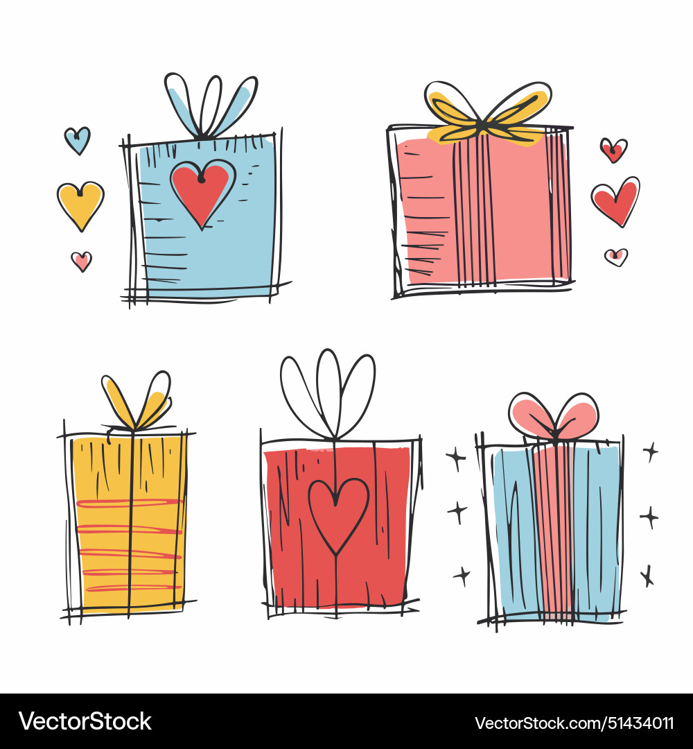 Handdrawn gift boxes hearts doodles colorful Vector Image