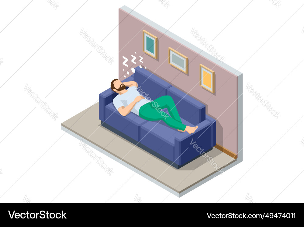 Isometric man sleeping on sofa tiredness Vector Image