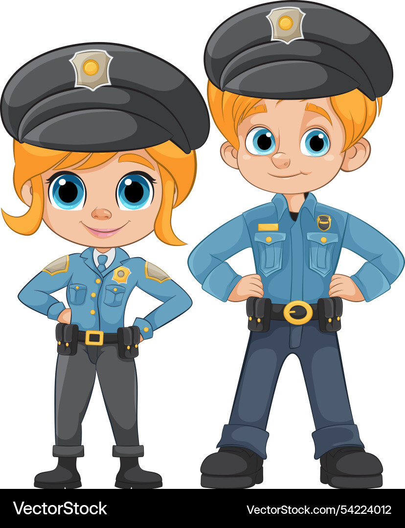 Zwei Karikaturkinder in Polizeiuniformen Vektorbild