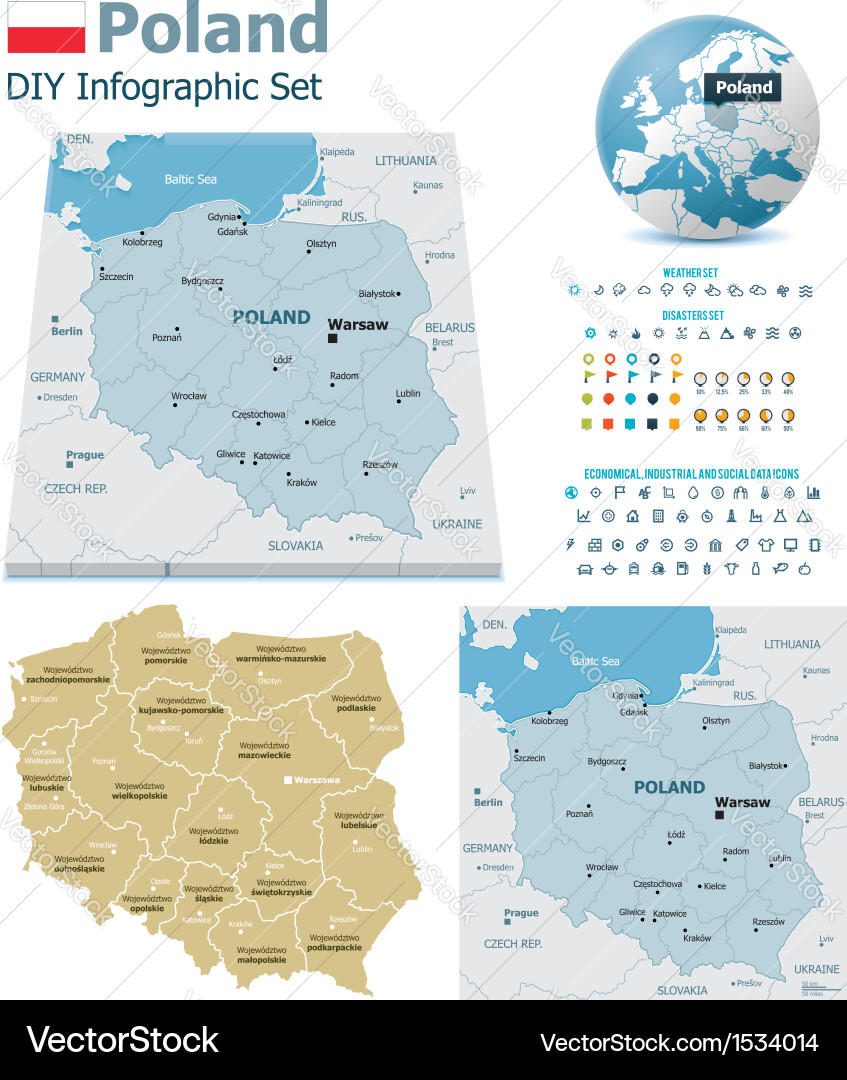 Poland maps with markers Royalty Free Vector Image