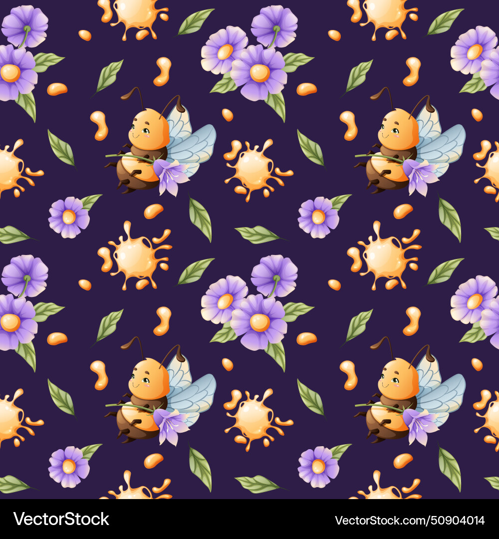 Seamless pattern with honey bees flowers Vector Image