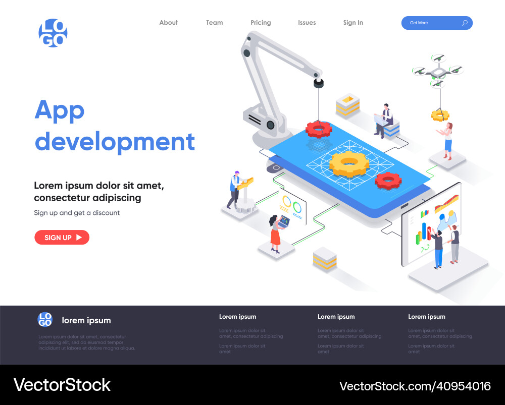 App development isometric landing page ui ux Vector Image