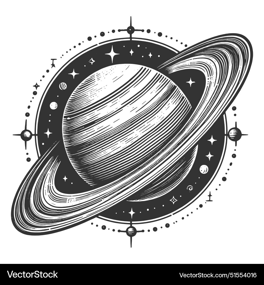 Astronomical saturn planet engraving Royalty Free Vector