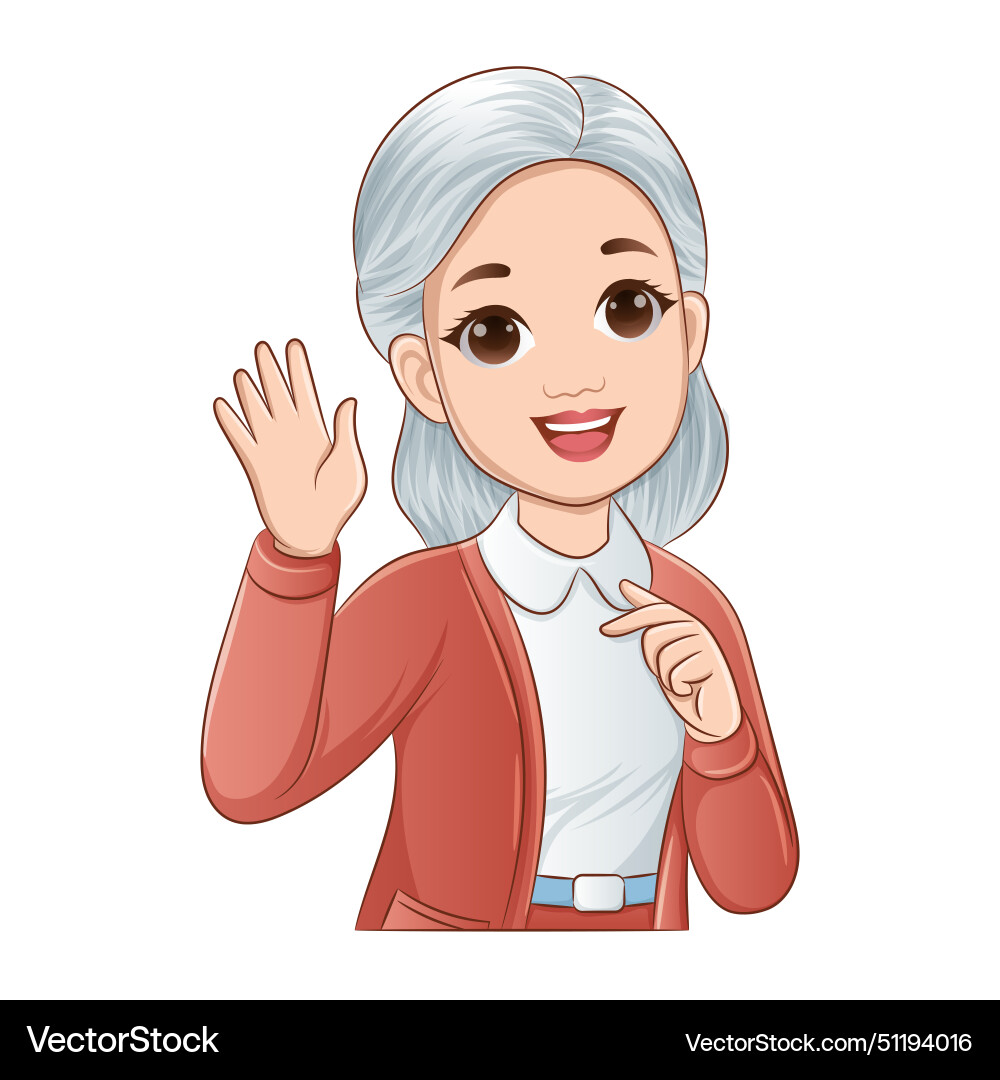Middle-aged woman smiling kindly while waving Vector Image