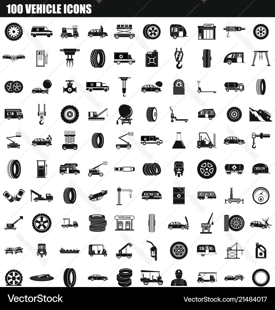 100 vehicle icon set simple style Royalty Free Vector Image
