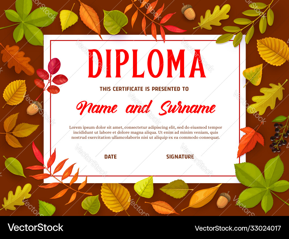 Autumn Leaves Diploma Certificate Royalty Free Vector Image