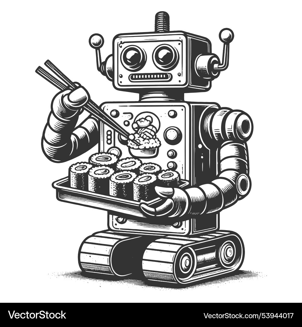 Cute robot eating sushi with chopsticks Royalty Free Vector