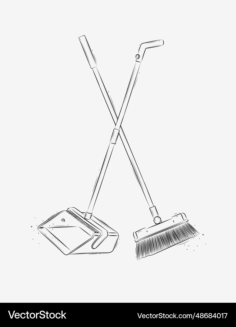 Flat broom and dustpan drawing in graphic style Vector Image