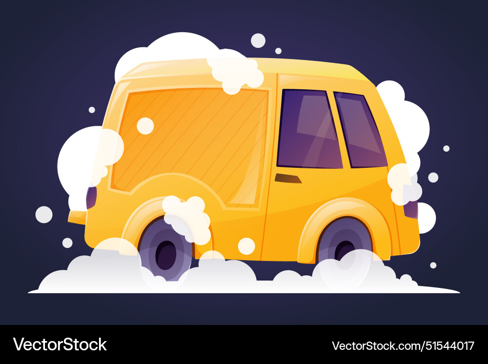 Yellow mini bus car with foam and soap bubbles Vector Image
