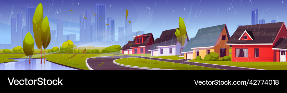 Suburb district with houses in rain Royalty Free Vector
