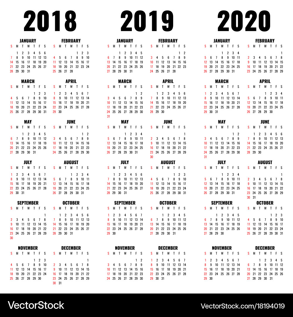 Calendar template 2018 2019 and 2020 years Vector Image