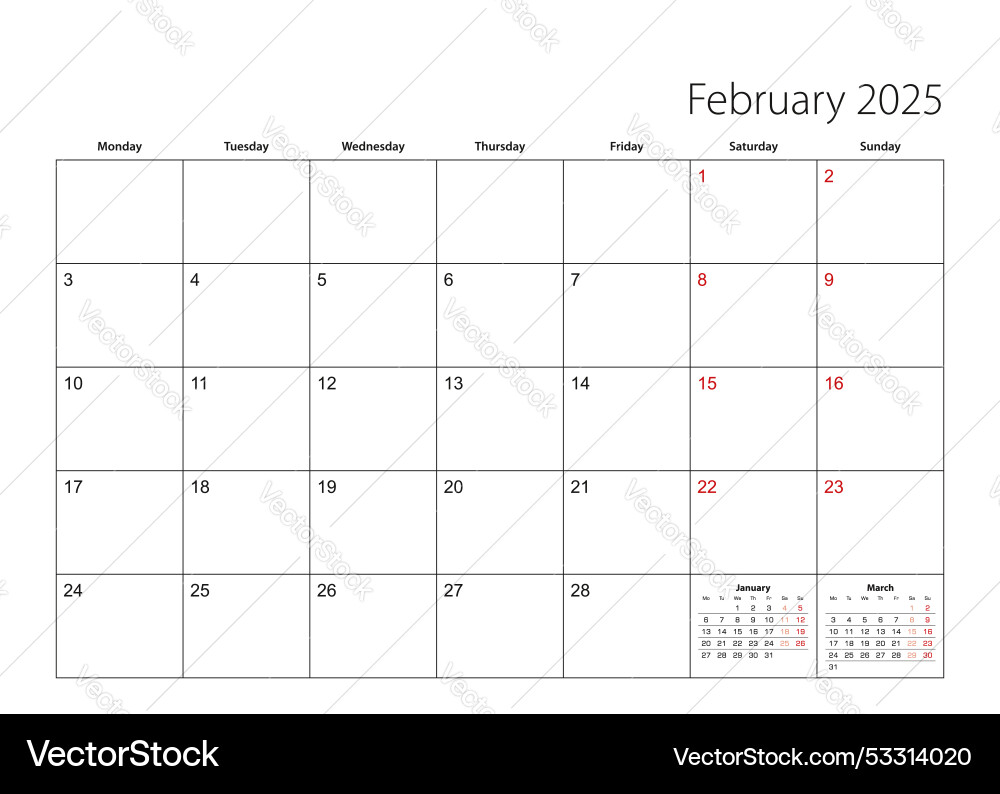 February 2025 simple calendar planner week starts Vector Image
