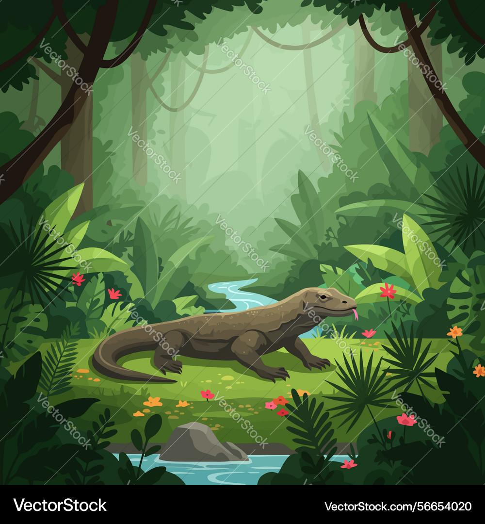 Lizard walking through lush jungle beside a stream