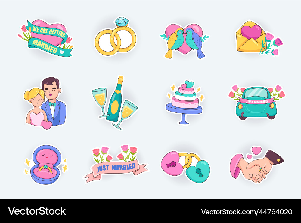 Wedding day cute stickers set in flat cartoon Vector Image