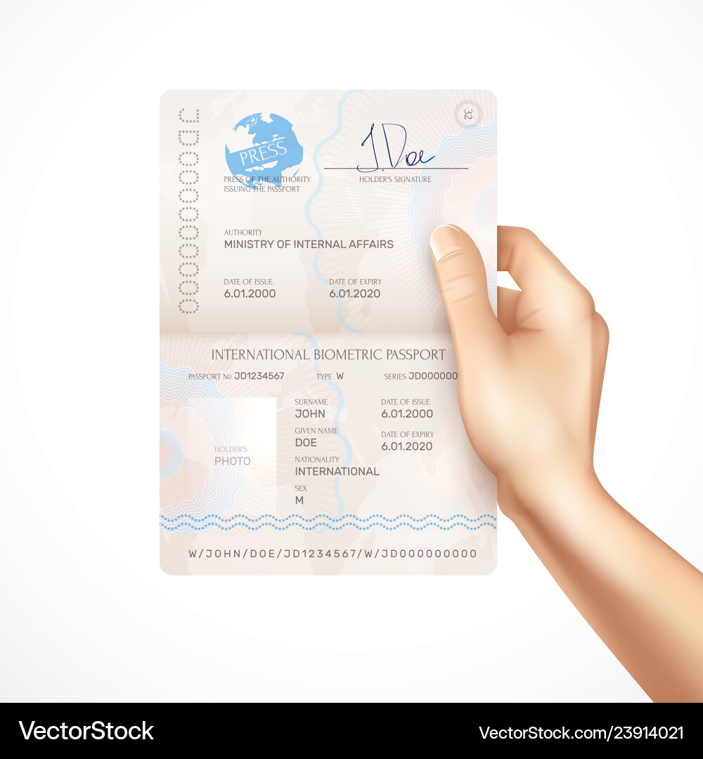 Biometric passport mockup in human hand Royalty Free Vector