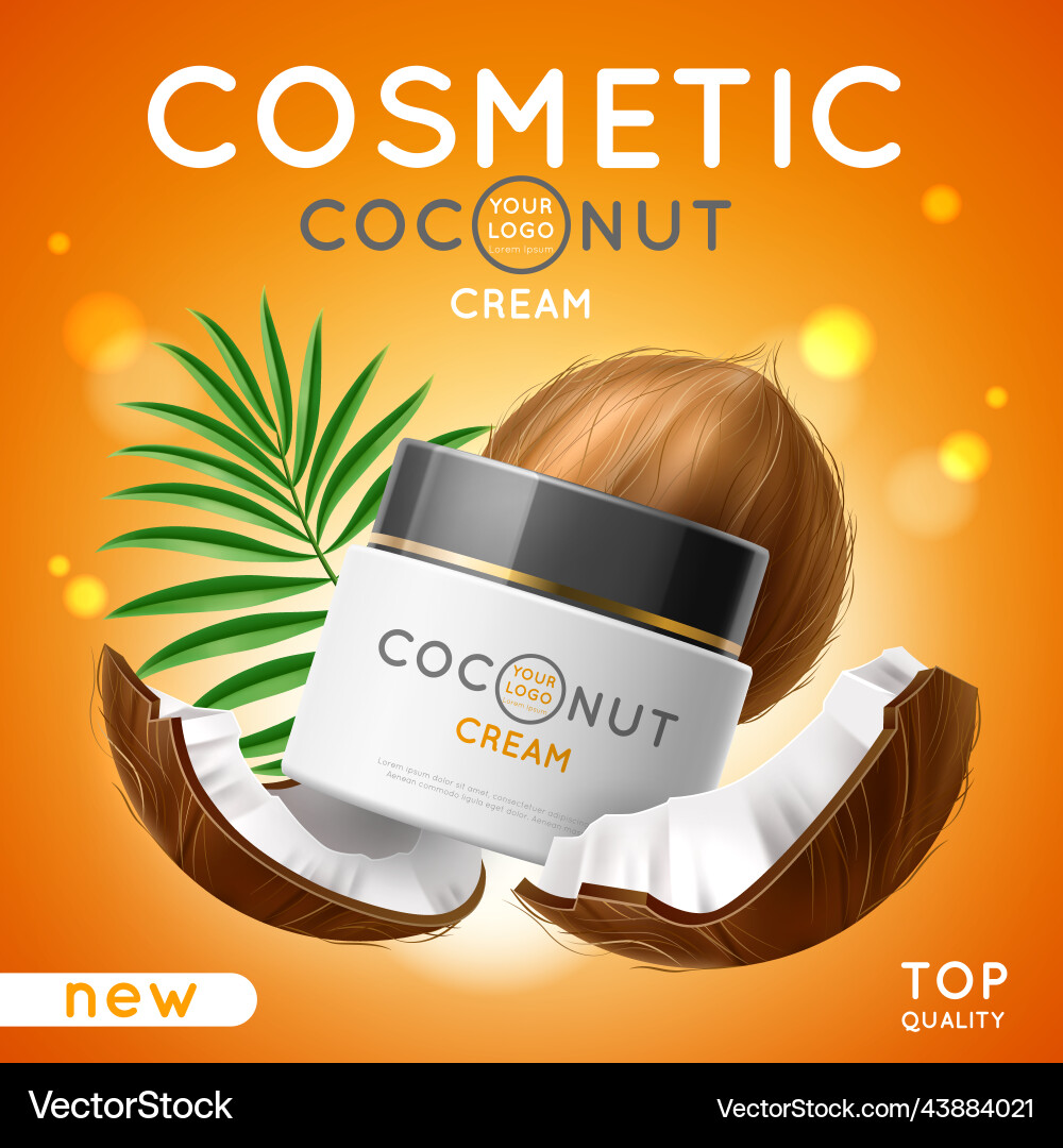 Coconut cosmetic poster realistic cream container Vector Image