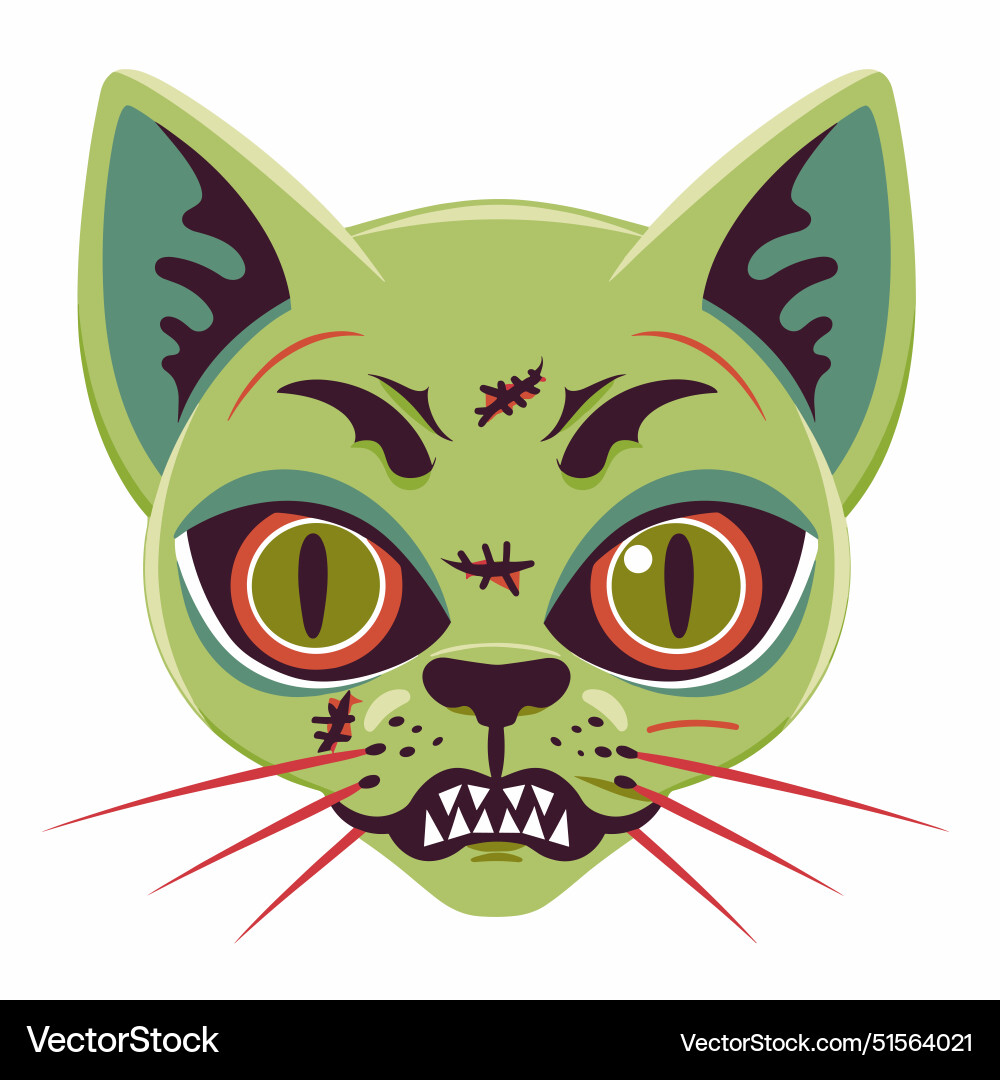 Green zombie cat face scary feline Royalty Free Vector Image