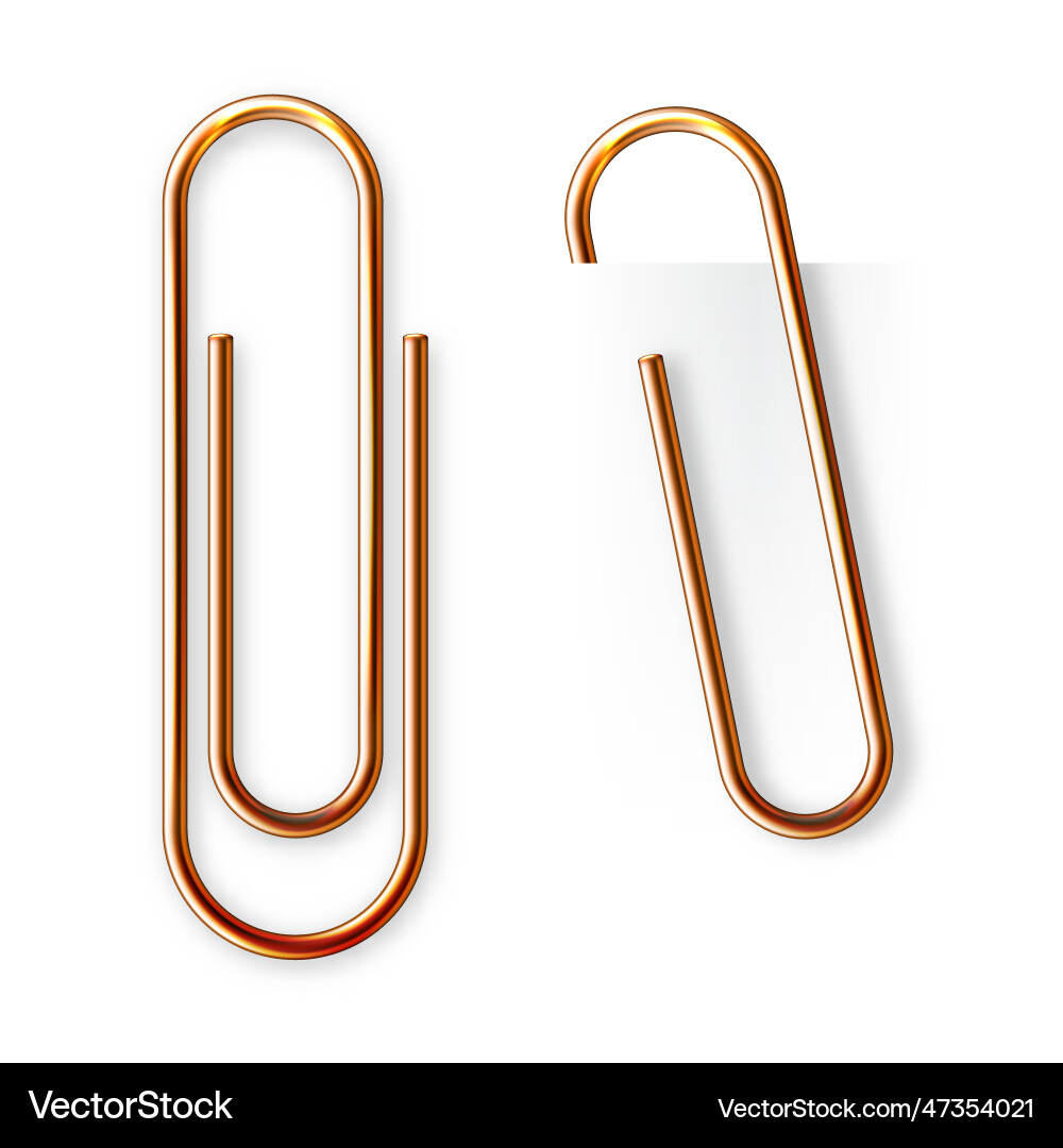Realistic copper paperclip attached to paper Vector Image