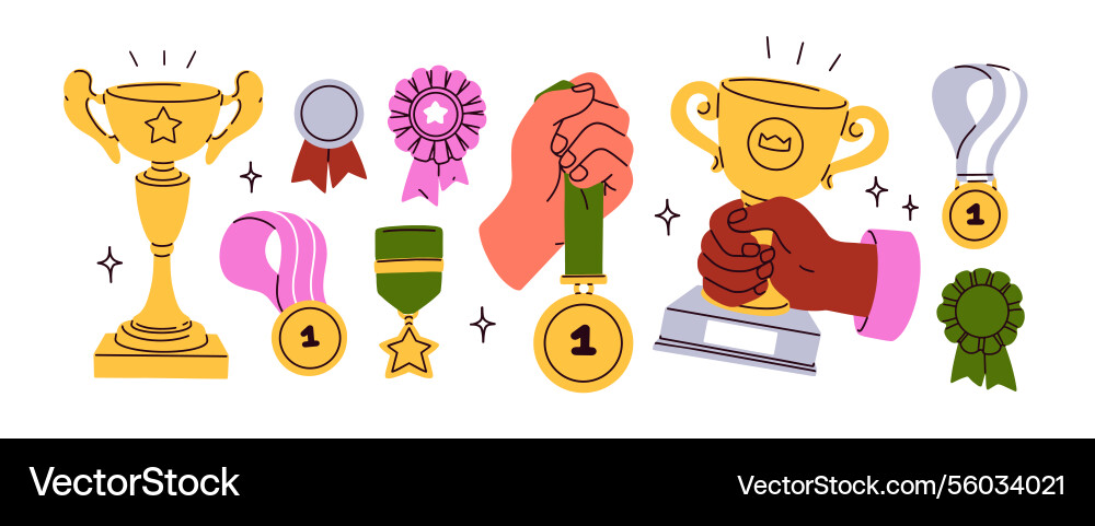 Winner medals cups badges set gold awards Vector Image