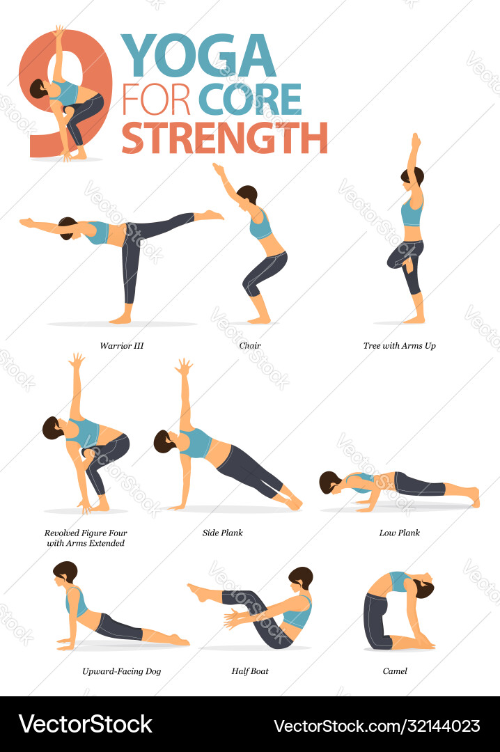 9 yoga poses for workout in core and strength Vector Image