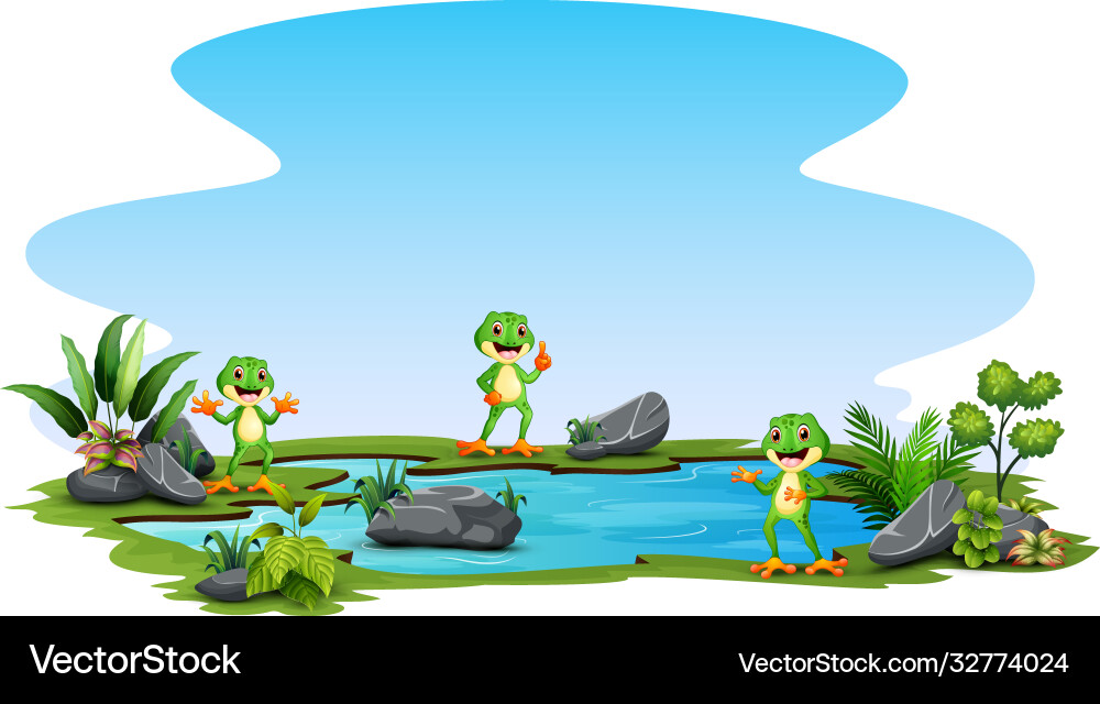 Cartoon three a frog standing around small pon Vector Image