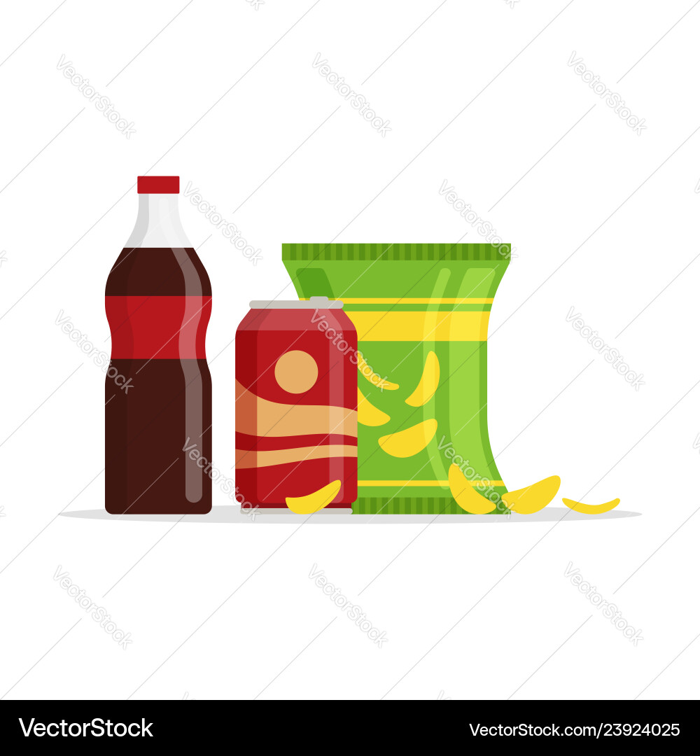 Snack product set fast food snacks drinks chips Vector Image
