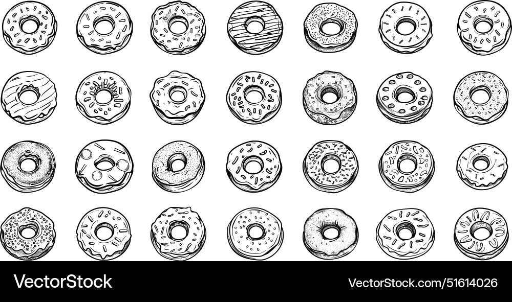 Doodle style cute donuts icons set low detailed Vector Image