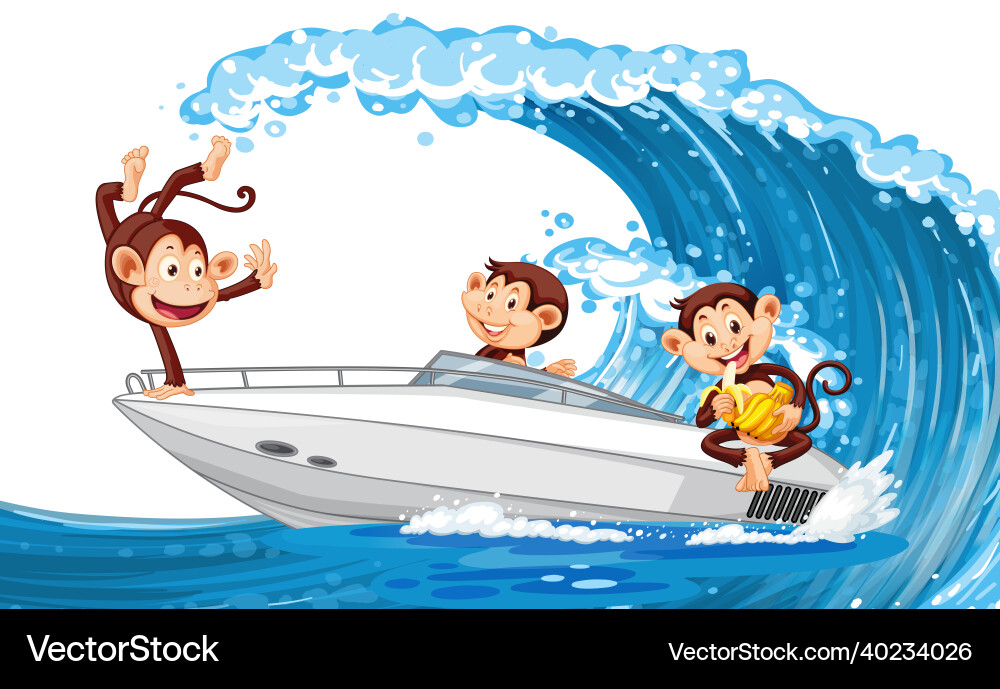 Little monkeys on speed boat ocean wave Royalty Free Vector