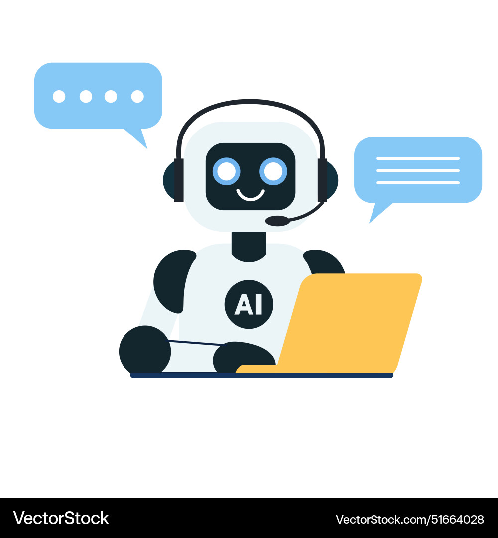 Cute chat bot robot with yellow laptop Royalty Free Vector