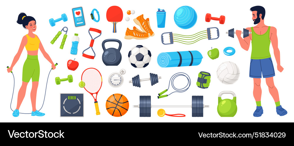 Cartoon sport elements guy and girl Royalty Free Vector