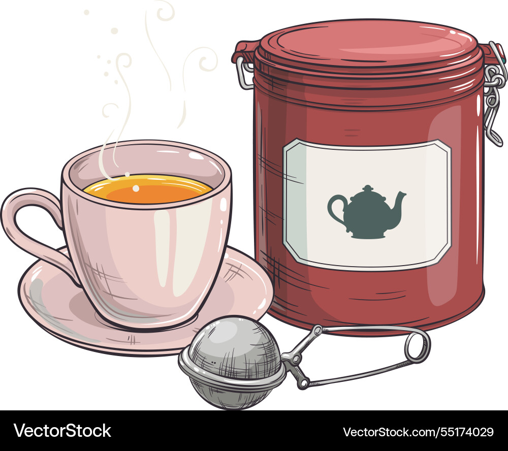 Cup of tea and tin packaging colored Royalty Free Vector
