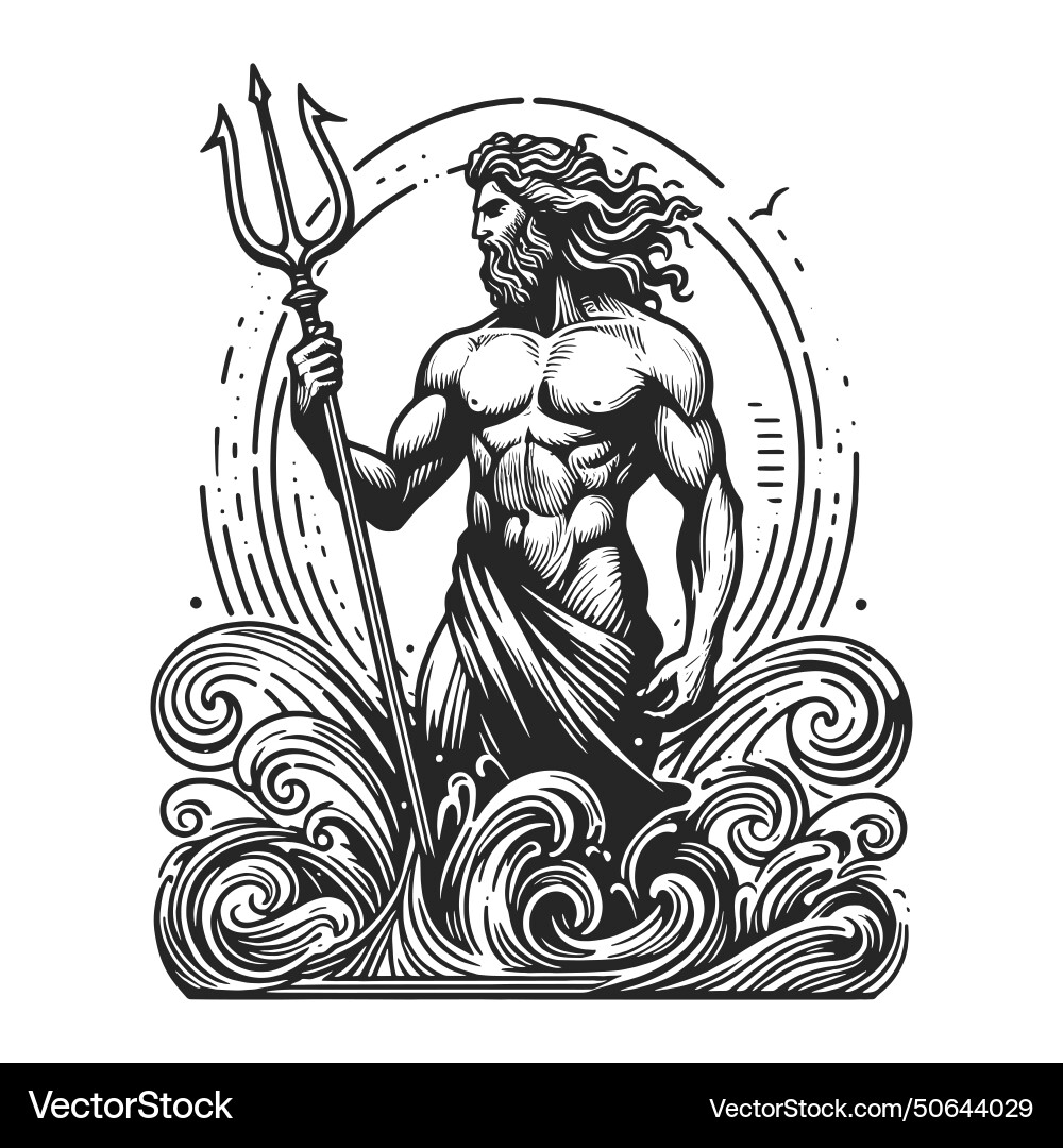 Mythical poseidon engraving ocean waves Royalty Free Vector