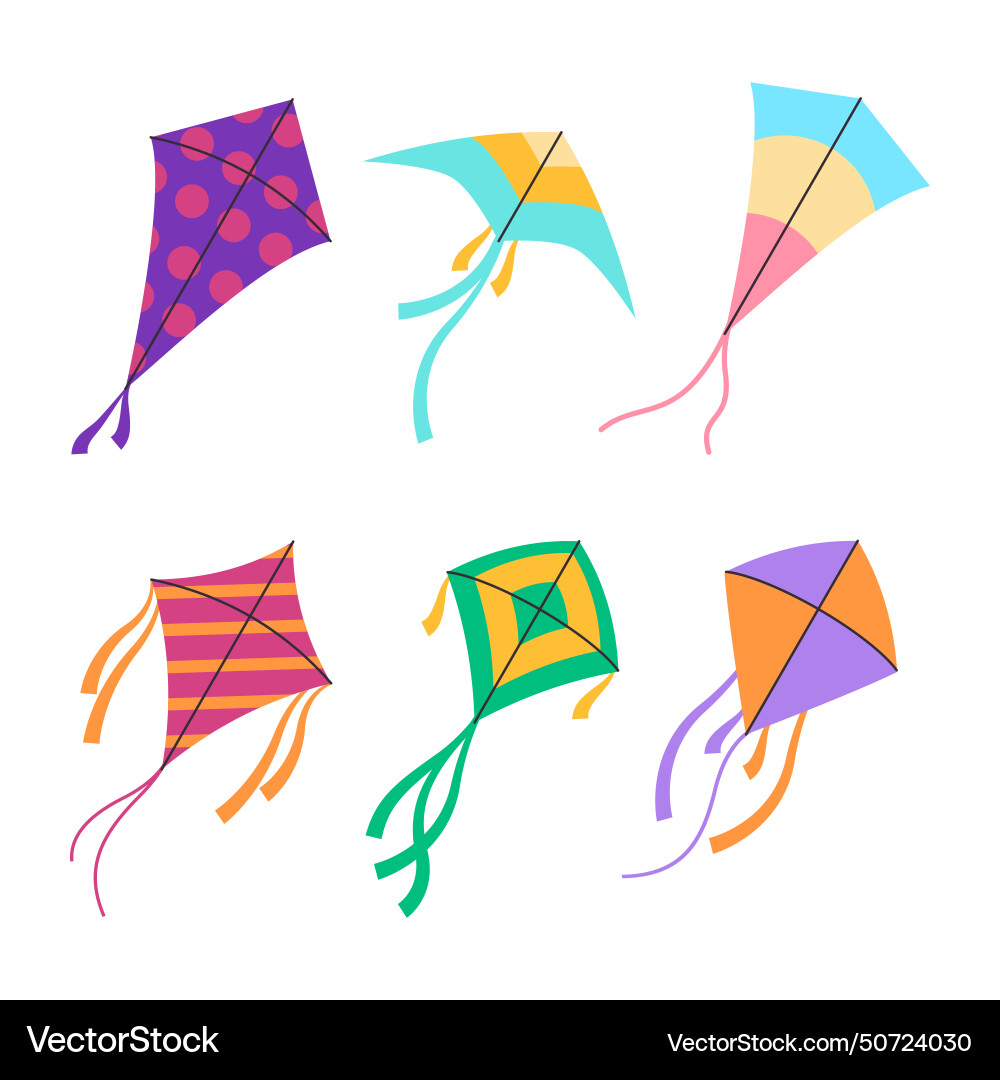 Set colorful various kite with tail fly high sky Vector Image