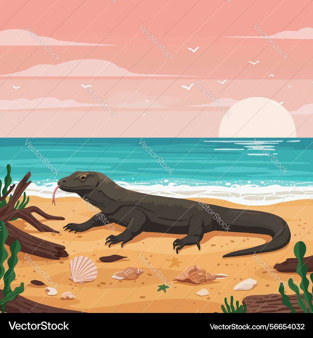 Lizard walking on a sandy beach by the ocean Vector Image