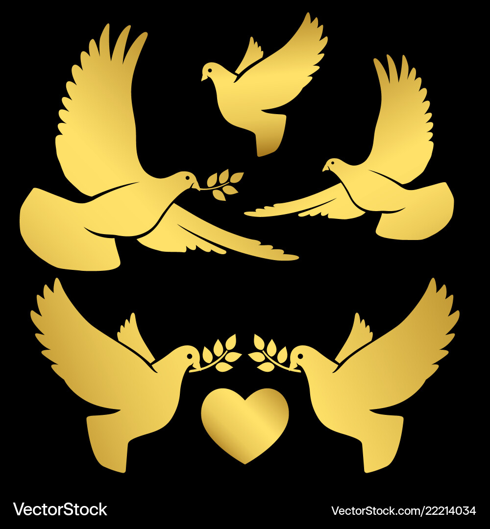 Gold flying doves on black Royalty Free Vector Image