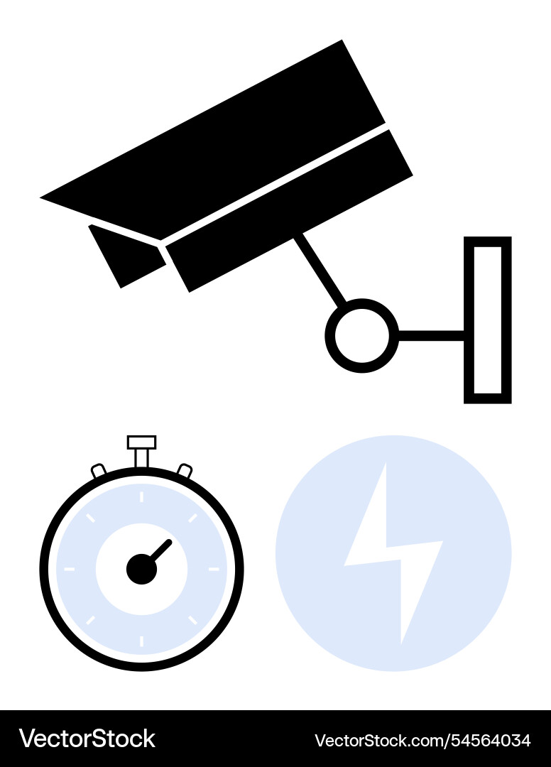 Surveillance camera stopwatch and lightning bolt Vector Image