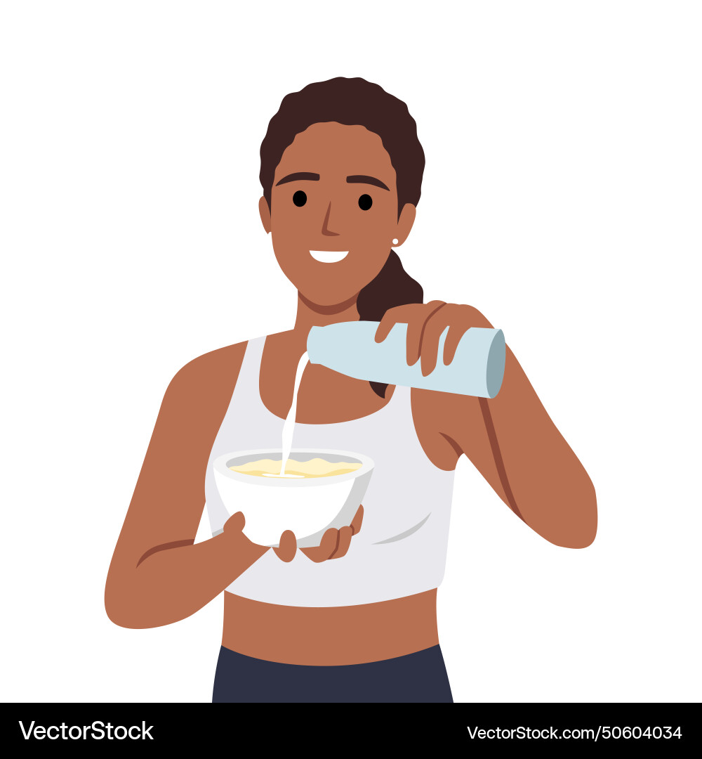 Young woman preparing healthy breakfast adding Vector Image