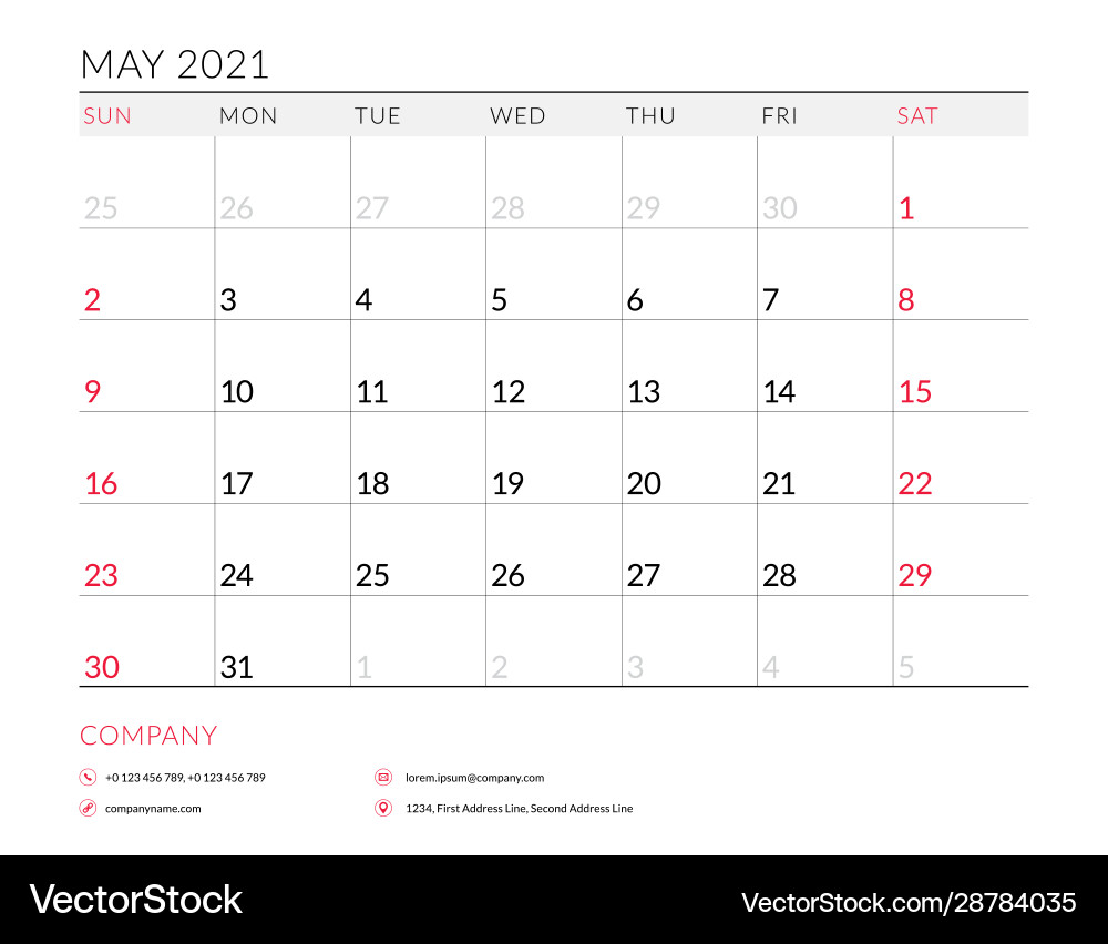 May 2021 Calendar - Printable Planner Royalty Free Vector
