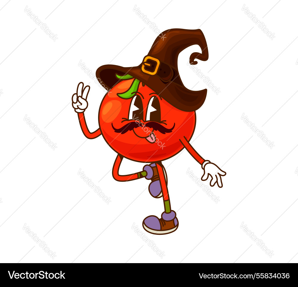 Cartoon groovy tomato halloween wizard vegetable Vector Image