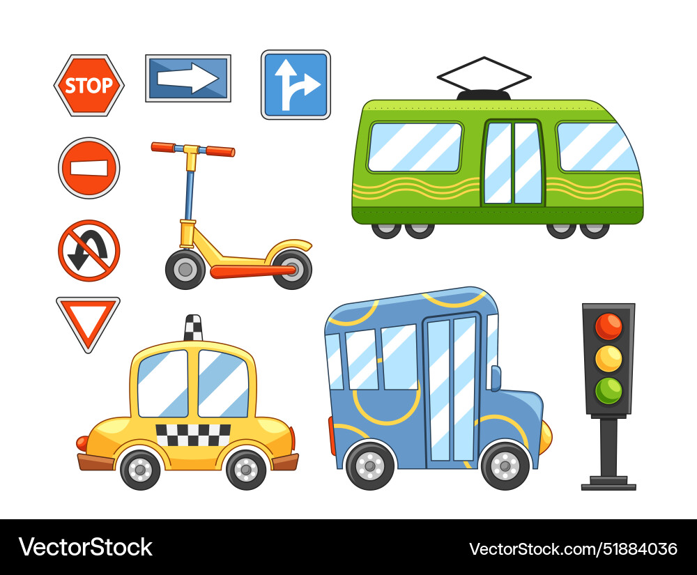 Cute transport elements including tram bus taxi Vector Image