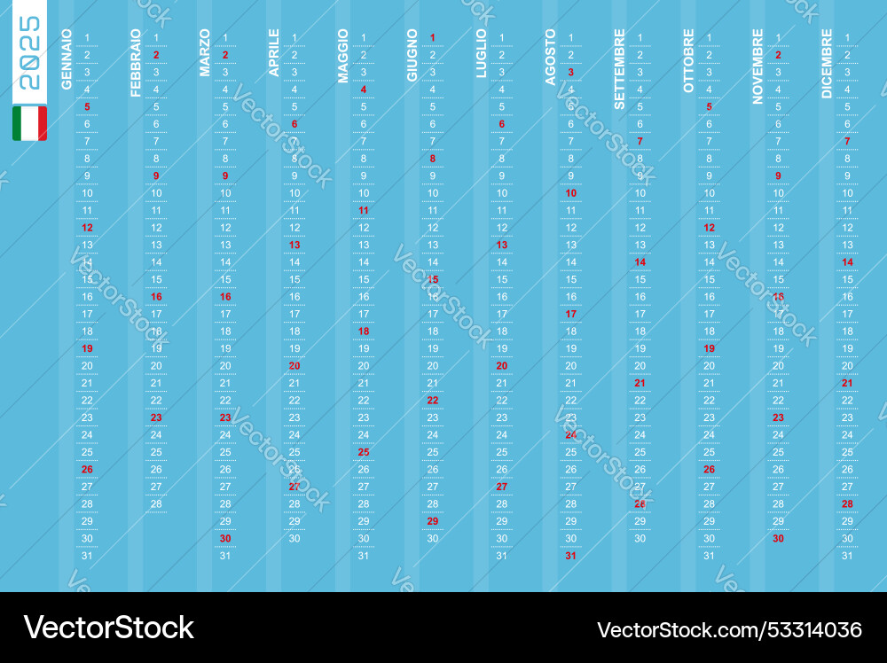 One-row vertical calendar for the year 2025 in Vector Image