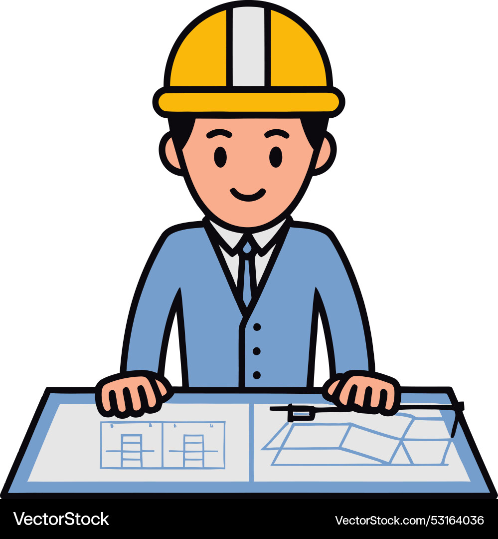 Smiling 2d flat design architect wearing a hat Vector Image