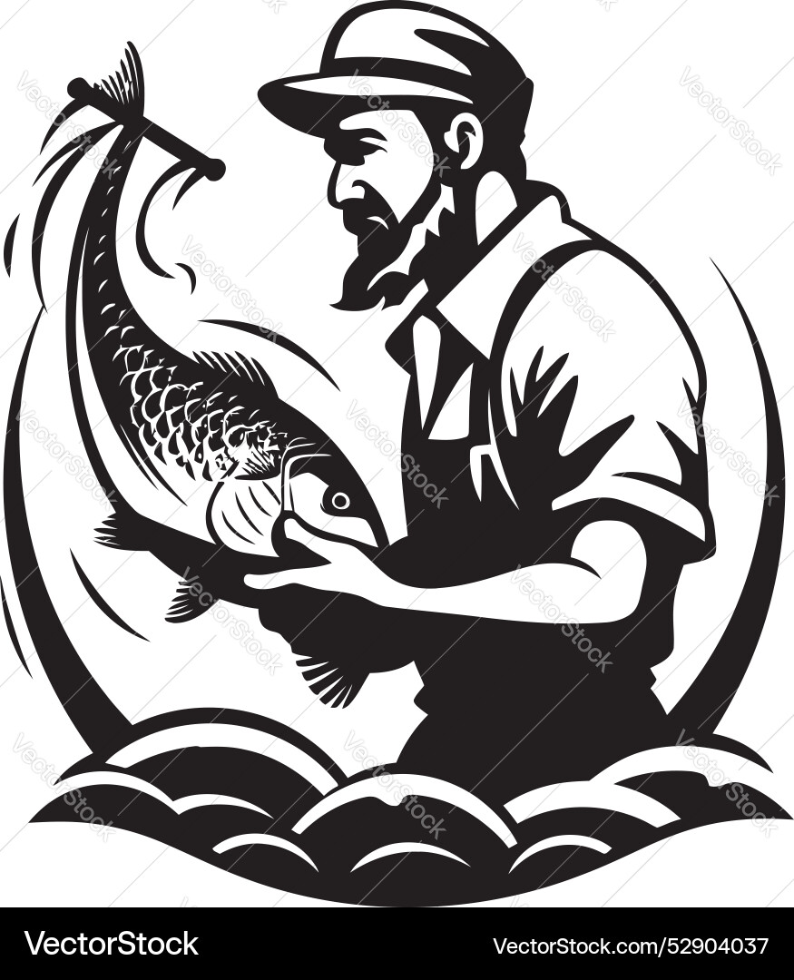 Fisherman logo with lake background peace Vector Image