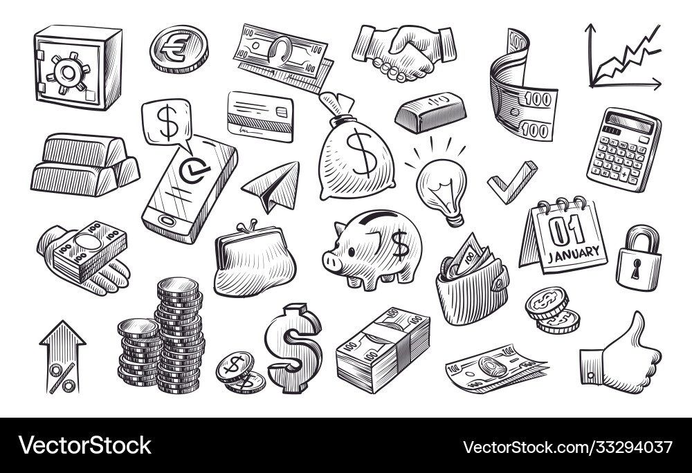 Money sketch hand drawn financial elements Vector Image