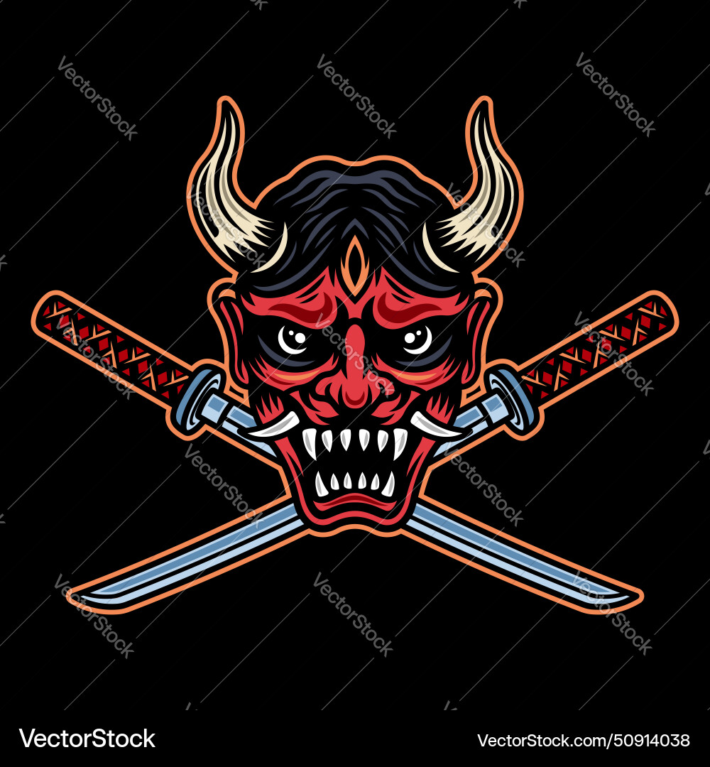 Oni mask and two crossed katanas Royalty Free Vector Image