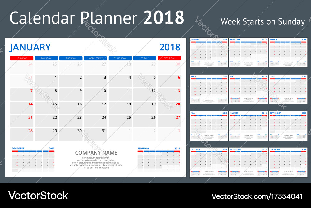 2018 calendar print template week starts sunday Vector Image