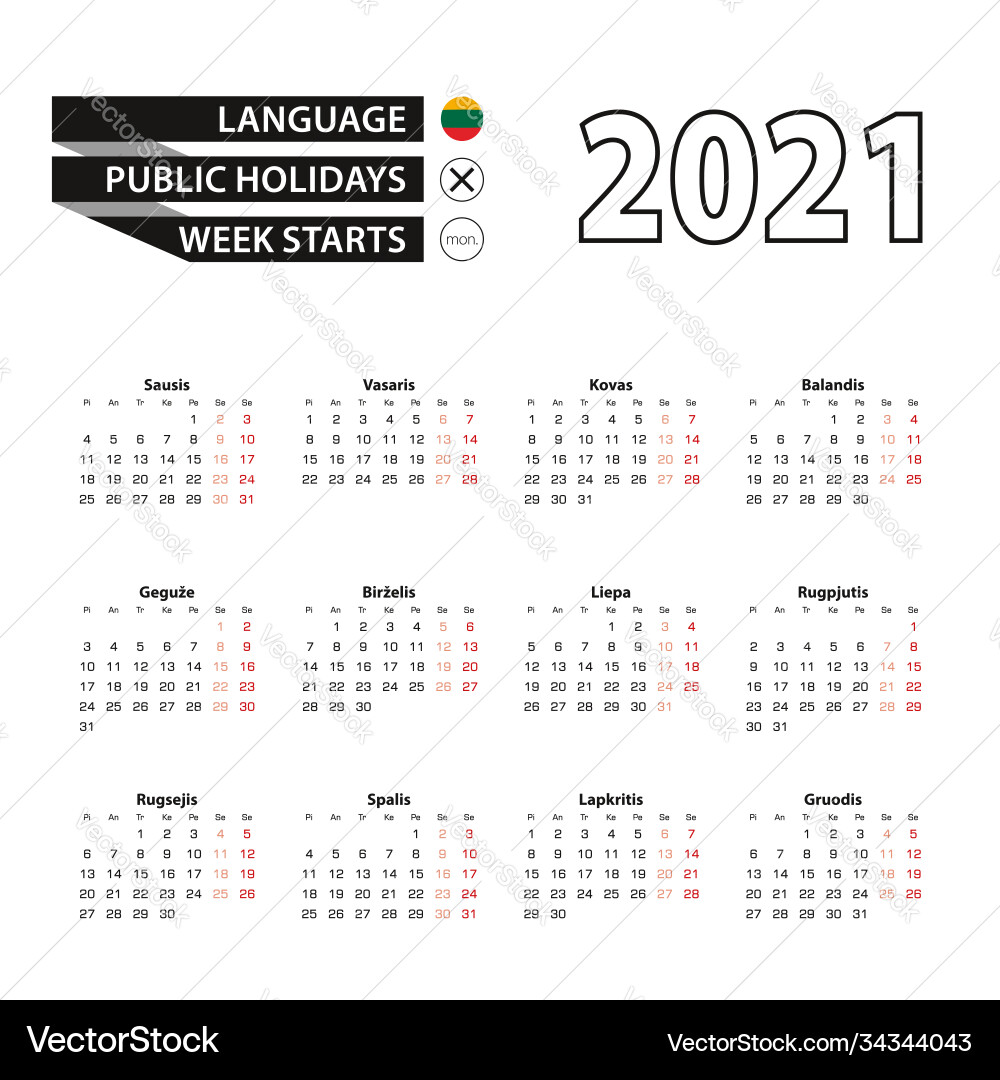 Calendar 2021 in lithuanian language week starts Vector Image
