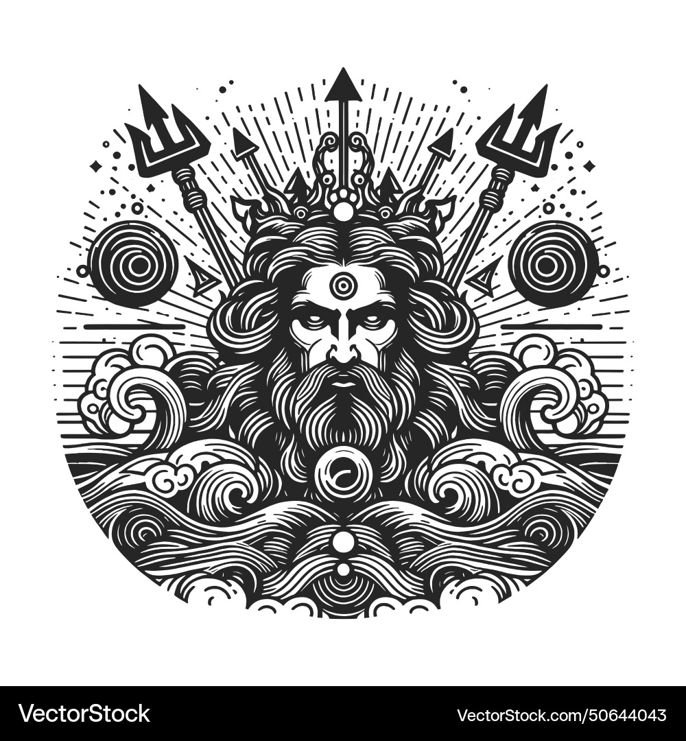 Mythical poseidon engraving ocean waves Royalty Free Vector