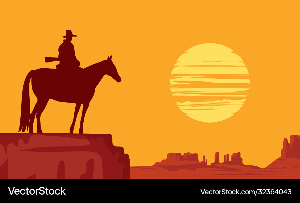 Western landscape with silhouette a lone rider Vector Image